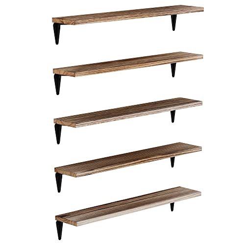 Wallniture Arras Wood Floating Shelves for Wall Storage, 24" Bookshelves for Living Room, Kitchen Shelves, Shelves for Bedroom & Office Burnt Finish Set of 5