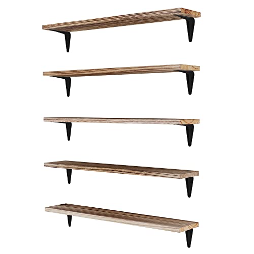 Wallniture Arras Wood Floating Shelves for Wall Storage, 24" Bookshelves for Living Room, Kitchen Shelves, Shelves for Bedroom & Office Burnt Finish Set of 5