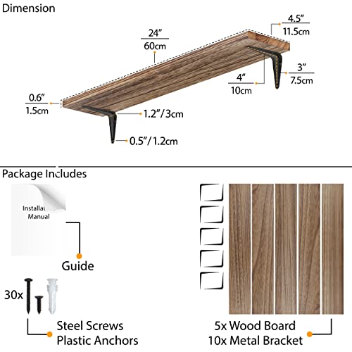 Wallniture Arras Wood Floating Shelves for Wall Storage, 24" Bookshelves for Living Room, Kitchen Shelves, Shelves for Bedroom & Office Burnt Finish Set of 5