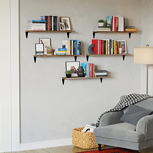 Wallniture Arras Wood Floating Shelves for Wall Storage, 24" Bookshelves for Living Room, Kitchen Shelves, Shelves for Bedroom & Office Burnt Finish Set of 5