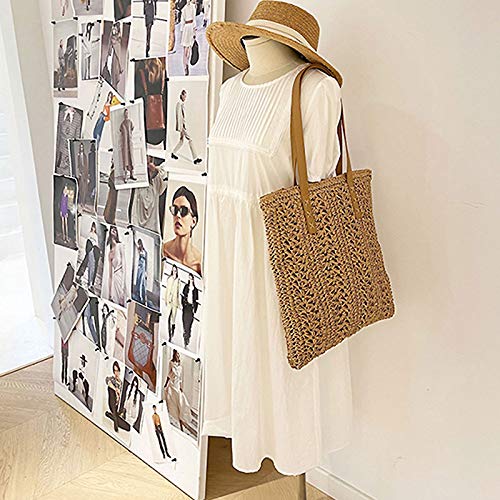 ZLM BAG US Women Straw Crochet Tote Bohemian Summer Beach Bag Large Handmade Shoulder Bag (Light Brown)