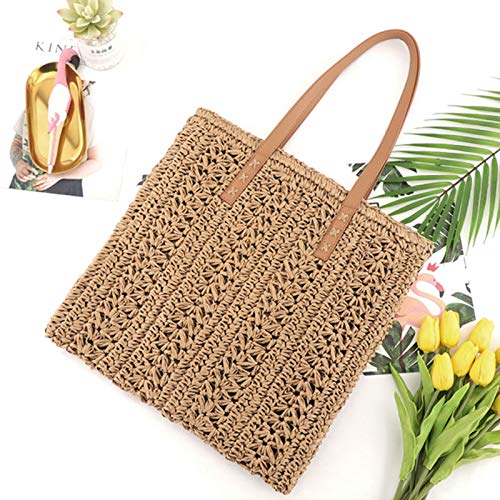 ZLM BAG US Women Straw Crochet Tote Bohemian Summer Beach Bag Large Handmade Shoulder Bag (Light Brown)