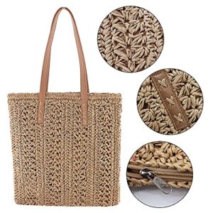 ZLM BAG US Women Straw Crochet Tote Bohemian Summer Beach Bag Large Handmade Shoulder Bag (Light Brown)