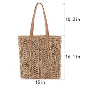 ZLM BAG US Women Straw Crochet Tote Bohemian Summer Beach Bag Large Handmade Shoulder Bag (Light Brown)