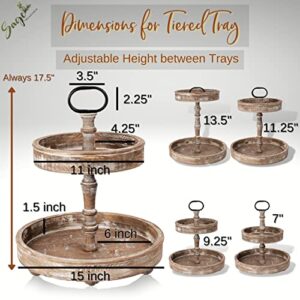 Two Tiered Tray Stand - Large 15 Inch Round Premium Farmhouse Tiered Tray with Unique Adjustable Tier Height and Stability Design - Rustic Wooden Tiered Tray - Distressed 2 Tier Tray for Decor