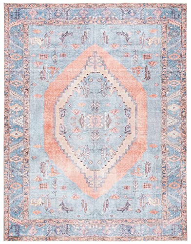 SAFAVIEH Serapi Collection Machine Washable 8' x 10' Light Blue/Beige Boho Chic Oriental Medallion Living Room Bedroom Dining Area Rug