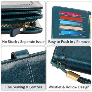 Pearl Angeli Women Wallet Genuine Leather Charming Ladies Wristlet Tri-fold Rfid Blocking Credit Card Holder Organizer Clutch Navy (Peacock Blue)