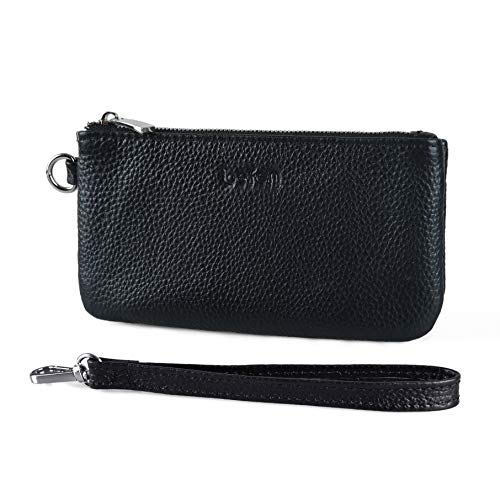 befen Leather Coin Pouch Purses Change Holder Wallet Card Slots with Wristlet Strap - Black