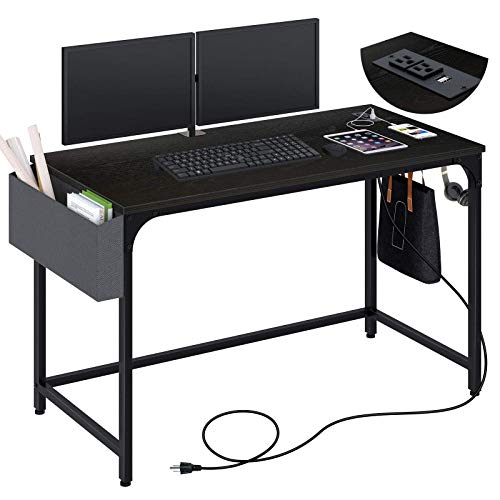 Rolanstar Computer Desk with Power Outlet, 47” Home Office PC Desk with USB Ports Charging Station, Desktop Table with Side Storage Bag and Iron Hooks, Stable Metal Frame Workstation, Black