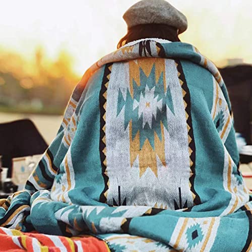 Aztec Patterned Throw Blanket with Soft Sherpa Lining, Traditional Southwestern Navajo Tribal Style Warm Throw for Camping, Outdoor, Light Weight Cozy Boho Blanket for Couch, Sofa, Bed, 60”x80”, Teal