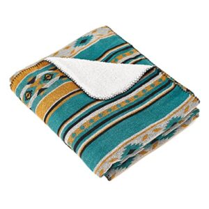 Aztec Patterned Throw Blanket with Soft Sherpa Lining, Traditional Southwestern Navajo Tribal Style Warm Throw for Camping, Outdoor, Light Weight Cozy Boho Blanket for Couch, Sofa, Bed, 60”x80”, Teal