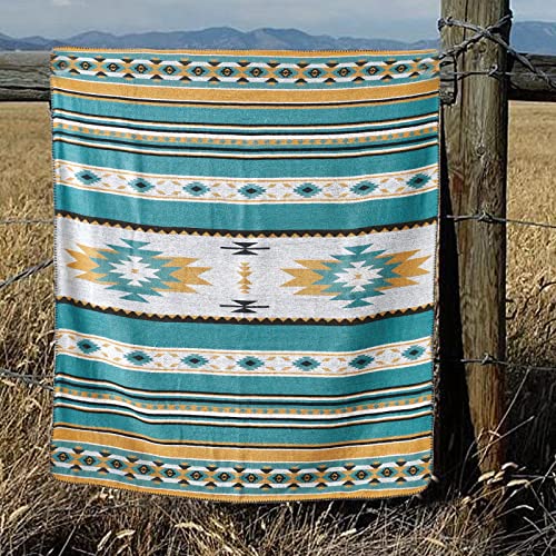 Aztec Patterned Throw Blanket with Soft Sherpa Lining, Traditional Southwestern Navajo Tribal Style Warm Throw for Camping, Outdoor, Light Weight Cozy Boho Blanket for Couch, Sofa, Bed, 60”x80”, Teal