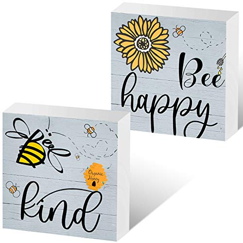 Jetec 2 Pieces Bee Happy Sign Decor Summer Wood Block Plaque Buzz Kind Sign Small Talk Table Door Decor, Farmhouse Wreath Attachment for Home Office Decoration