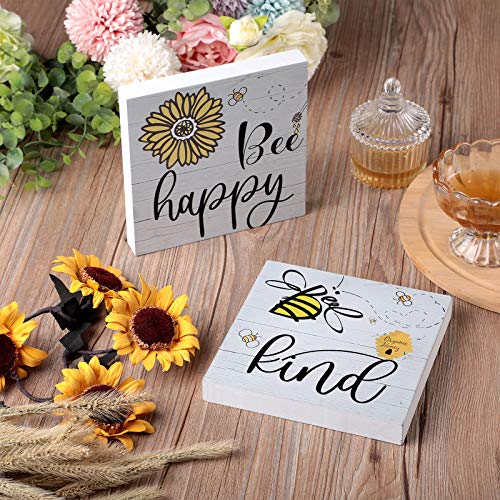 Jetec 2 Pieces Bee Happy Sign Decor Summer Wood Block Plaque Buzz Kind Sign Small Talk Table Door Decor, Farmhouse Wreath Attachment for Home Office Decoration