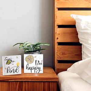 Jetec 2 Pieces Bee Happy Sign Decor Summer Wood Block Plaque Buzz Kind Sign Small Talk Table Door Decor, Farmhouse Wreath Attachment for Home Office Decoration