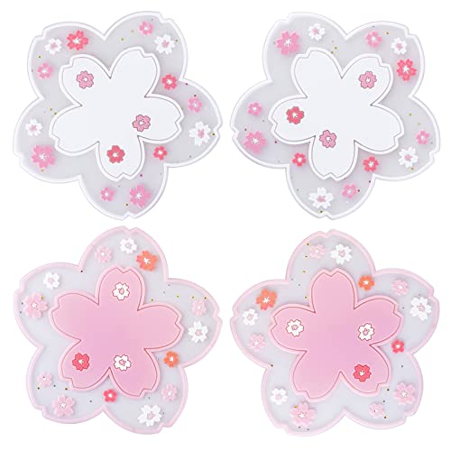 Mujinshow 4pcs 4.5inch Kawaii Sakura Cup Coasters, Cute Pink Macrame Drinks Coasters, Funny Silicone Coasters for Wooden Coffee Table, Flower Desk Cup Mat, Cherry Blossom Coaster for Women Mom Gifts