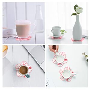 Mujinshow 4pcs 4.5inch Kawaii Sakura Cup Coasters, Cute Pink Macrame Drinks Coasters, Funny Silicone Coasters for Wooden Coffee Table, Flower Desk Cup Mat, Cherry Blossom Coaster for Women Mom Gifts