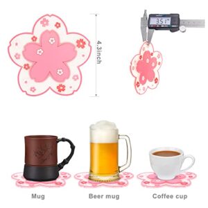 Mujinshow 4pcs 4.5inch Kawaii Sakura Cup Coasters, Cute Pink Macrame Drinks Coasters, Funny Silicone Coasters for Wooden Coffee Table, Flower Desk Cup Mat, Cherry Blossom Coaster for Women Mom Gifts