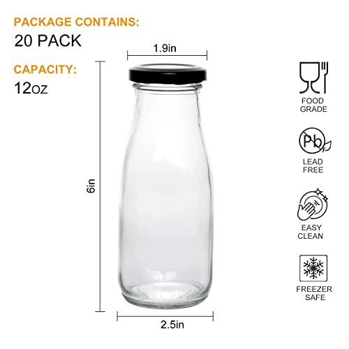 12 oz Glass Bottles, Clear Glass Milk Bottles with Black Metal Airtight Lids, Vintage Breakfast Shake Container, Vintage Drinking Bottles with Whiteboard Labels and Pen for Party,Kids,Set of 20