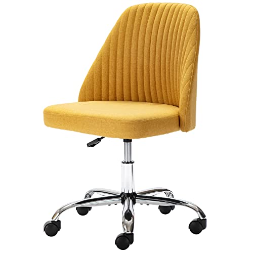 Home Office Desk Chair, Vanity Chair, Modern Adjustable Low Back Rolling Chair, Twill Upholstered Cute Office Chair, Desk Chairs with Wheels for Bedroom, Classroom, Vanity Room (Yellow)