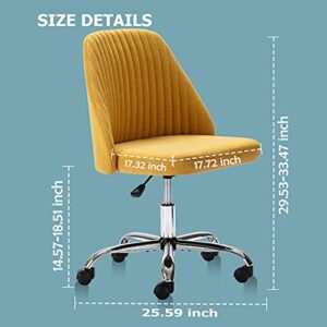 Home Office Desk Chair, Vanity Chair, Modern Adjustable Low Back Rolling Chair, Twill Upholstered Cute Office Chair, Desk Chairs with Wheels for Bedroom, Classroom, Vanity Room (Yellow)