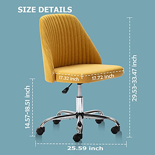 Home Office Desk Chair, Vanity Chair, Modern Adjustable Low Back Rolling Chair, Twill Upholstered Cute Office Chair, Desk Chairs with Wheels for Bedroom, Classroom, Vanity Room (Yellow)