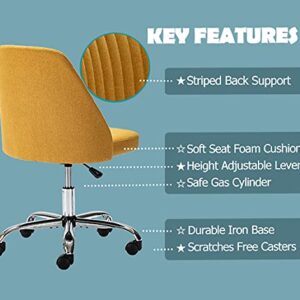 Home Office Desk Chair, Vanity Chair, Modern Adjustable Low Back Rolling Chair, Twill Upholstered Cute Office Chair, Desk Chairs with Wheels for Bedroom, Classroom, Vanity Room (Yellow)