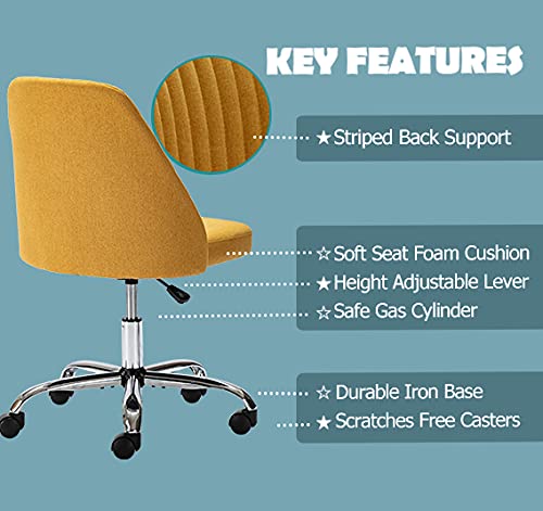 Home Office Desk Chair, Vanity Chair, Modern Adjustable Low Back Rolling Chair, Twill Upholstered Cute Office Chair, Desk Chairs with Wheels for Bedroom, Classroom, Vanity Room (Yellow)