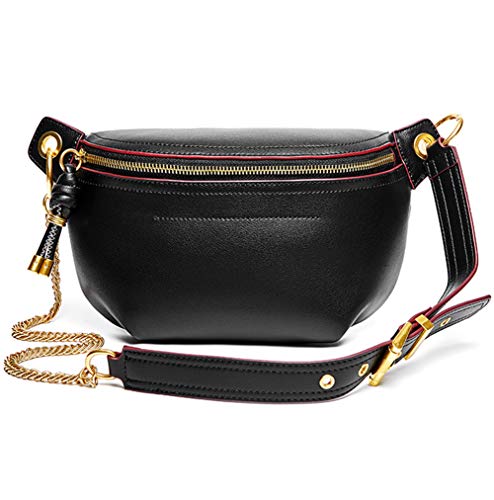 Women Chain Strap Cross-body Bags Genuine Leather Waist Bag with Zipper Closure for Daily (Black)