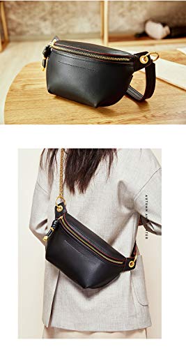 Women Chain Strap Cross-body Bags Genuine Leather Waist Bag with Zipper Closure for Daily (Black)