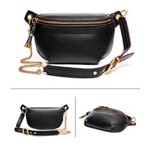 Women Chain Strap Cross-body Bags Genuine Leather Waist Bag with Zipper Closure for Daily (Black)