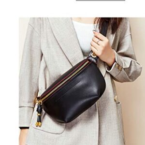 Women Chain Strap Cross-body Bags Genuine Leather Waist Bag with Zipper Closure for Daily (Black)