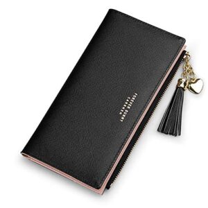 sumgogo slim wallet for women long tassel zipper clutch purse handbag card case wallet (black)