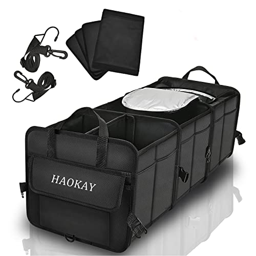 HAOKAY Durable Car Trunk Organizer with Premium insulation cooler bag,Sturdy Collapsible Trunk Storage Organizer, Multi Compartments with Reflective Strip