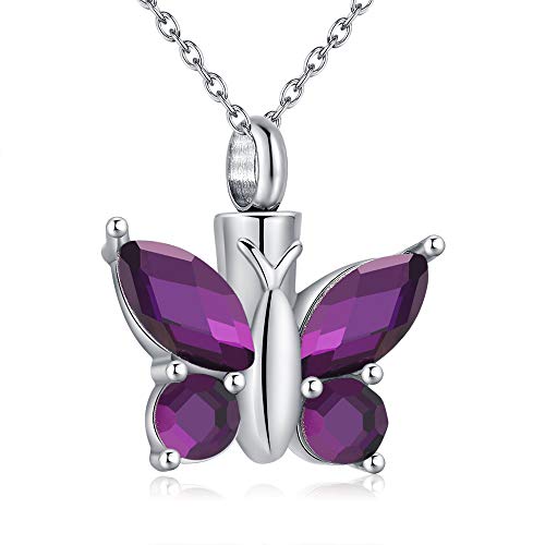 RIMZVIUX Purple Butterfly Urn Necklace for Ashes Memory Keepsake Cremation Jewelry for Women In Memory of Dad Mom Grandma Grandpa Brother (Dark Purple)