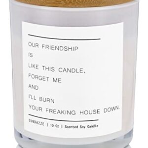 Sundazze Large Scented “Our Friendship is Like This” Candle – 25oz, Natural Soy, Lavender Fragrance – Funny Best Friend Candle, Novelty Gifts for Women, 70-Hour Burn Time