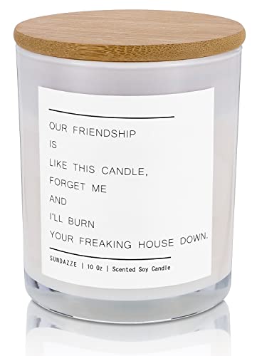 Sundazze Large Scented “Our Friendship is Like This” Candle – 25oz, Natural Soy, Lavender Fragrance – Funny Best Friend Candle, Novelty Gifts for Women, 70-Hour Burn Time