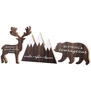 3 sets wooden mountain decor woodland inspirational quote wooden sign wander explore discover neutral nursery table decor centerpiece wooden mountain deer bear decor for baby girl boy room decor