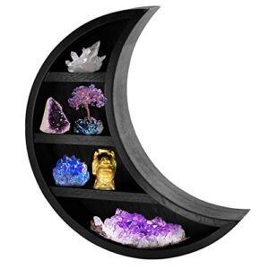 topmoon wooden moon shelf – black moon decor for bedroom, bathroom, living room – hanging crescent moon shelf for crystals, stone display – moon shaped wall decor for essential oil, perfume – 14″x12″