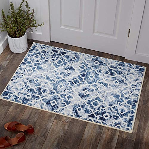 YoKii Blue Geometric Distressed Throw Rug Texture 2x3 Faux Wool Modern Abstract Small Fuzzy Area Rug Kitchen Bathroom Mat Rubber Backed Contemporary Quatrefoil Low Pile Indoor Doormat (2x3, Blue)