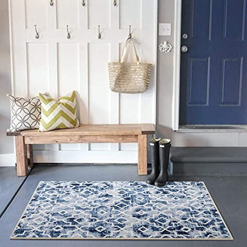 YoKii Blue Geometric Distressed Throw Rug Texture 2x3 Faux Wool Modern Abstract Small Fuzzy Area Rug Kitchen Bathroom Mat Rubber Backed Contemporary Quatrefoil Low Pile Indoor Doormat (2x3, Blue)