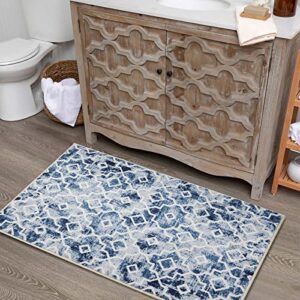 YoKii Blue Geometric Distressed Throw Rug Texture 2x3 Faux Wool Modern Abstract Small Fuzzy Area Rug Kitchen Bathroom Mat Rubber Backed Contemporary Quatrefoil Low Pile Indoor Doormat (2x3, Blue)