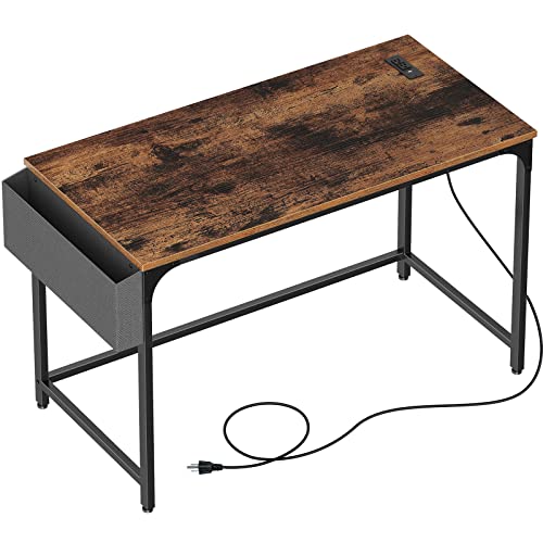 Rolanstar Computer Desk with Power Outlet, Home Office PC Desk with USB Ports Charging Station, 39" Desktop Table with Side Storage Bag and Iron Hooks, Stable Metal Frame Workstation, Rustic Brown