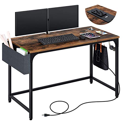 Rolanstar Computer Desk with Power Outlet, Home Office PC Desk with USB Ports Charging Station, 39" Desktop Table with Side Storage Bag and Iron Hooks, Stable Metal Frame Workstation, Rustic Brown