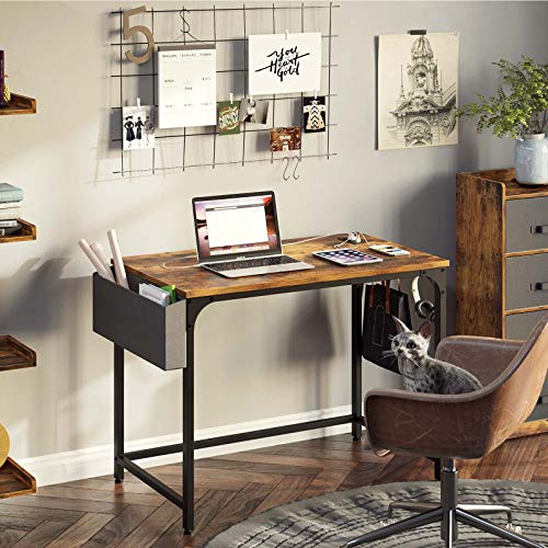 Rolanstar Computer Desk with Power Outlet, Home Office PC Desk with USB Ports Charging Station, 39" Desktop Table with Side Storage Bag and Iron Hooks, Stable Metal Frame Workstation, Rustic Brown