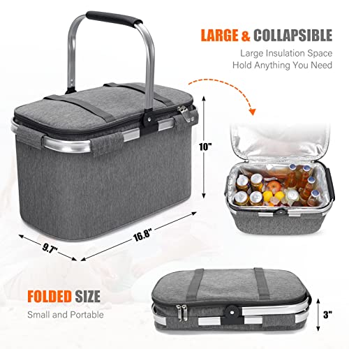 HappyPicnic Cooler Tote Bag 26L, Collapsible Picnic Basket Cooler with Aluminium Handle for Food, Shopping Grocery, Work or Outdoor Hiking Men Woman