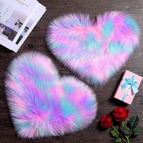 2 Pieces Fluffy Faux Area Rug Heart Shaped Rug Fluffy Room Carpet for Home Living Room Sofa Floor Bedroom, 12 x 16 Inch (Pink, Purple, Green)