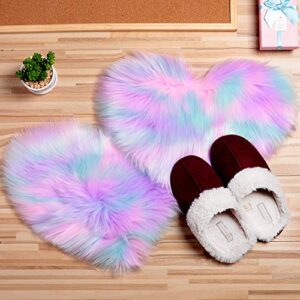 2 Pieces Fluffy Faux Area Rug Heart Shaped Rug Fluffy Room Carpet for Home Living Room Sofa Floor Bedroom, 12 x 16 Inch (Pink, Purple, Green)