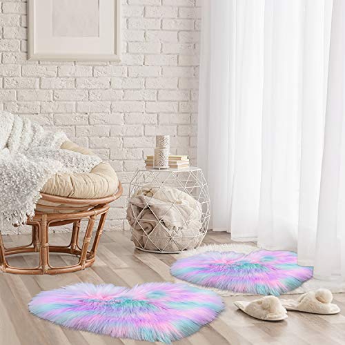 2 Pieces Fluffy Faux Area Rug Heart Shaped Rug Fluffy Room Carpet for Home Living Room Sofa Floor Bedroom, 12 x 16 Inch (Pink, Purple, Green)