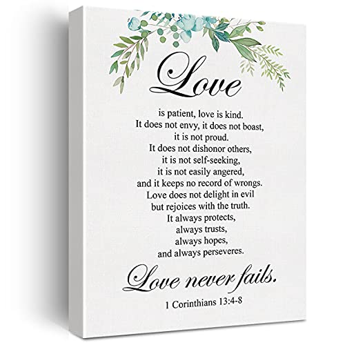 Christian Canvas Wall Art Love is Patient Love is Kind 1 Corinthians 13:4-8 Canvas Print Positive Scripture Canvas Painting Home Bedroom Wall Decor Framed Wedding Gift 12x15 Inch